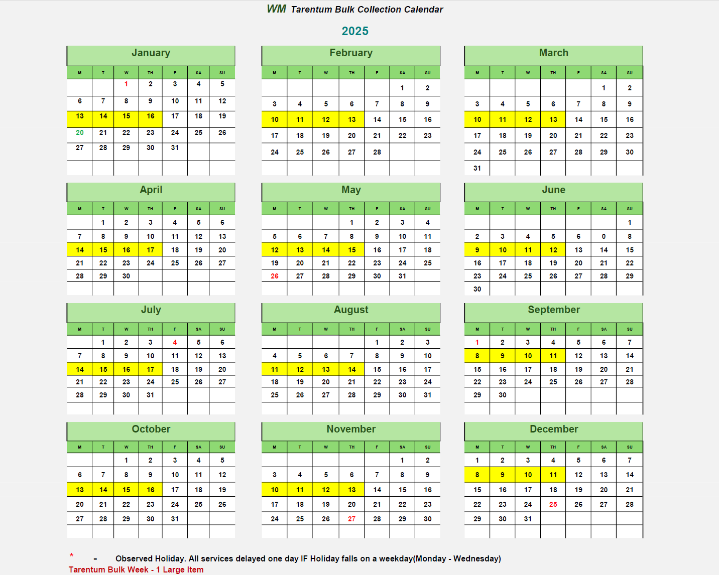 2025 Bulk Pick Up Calendar – Tarentum Borough