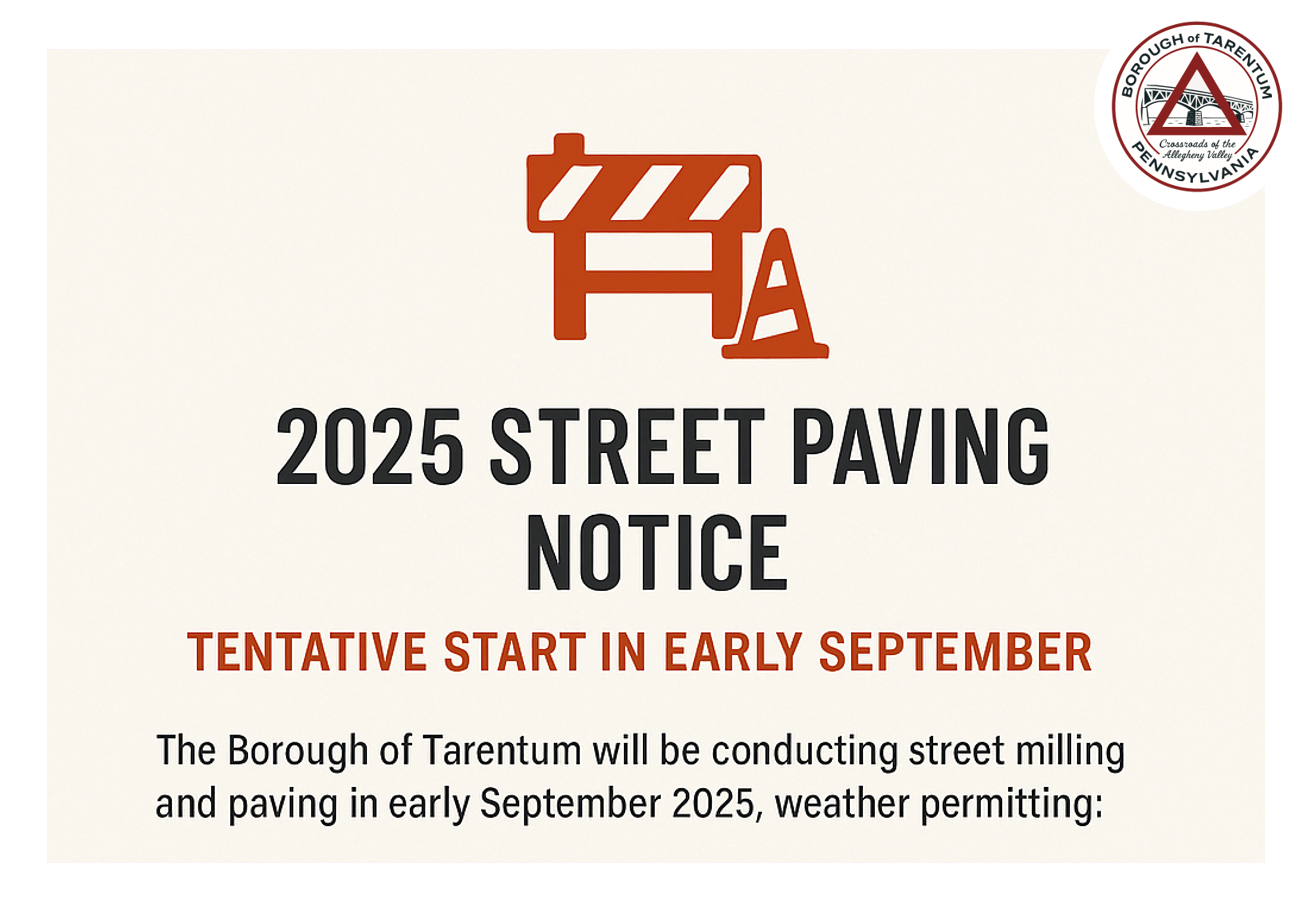 2025 Street Paving Notice – Tarentum Borough